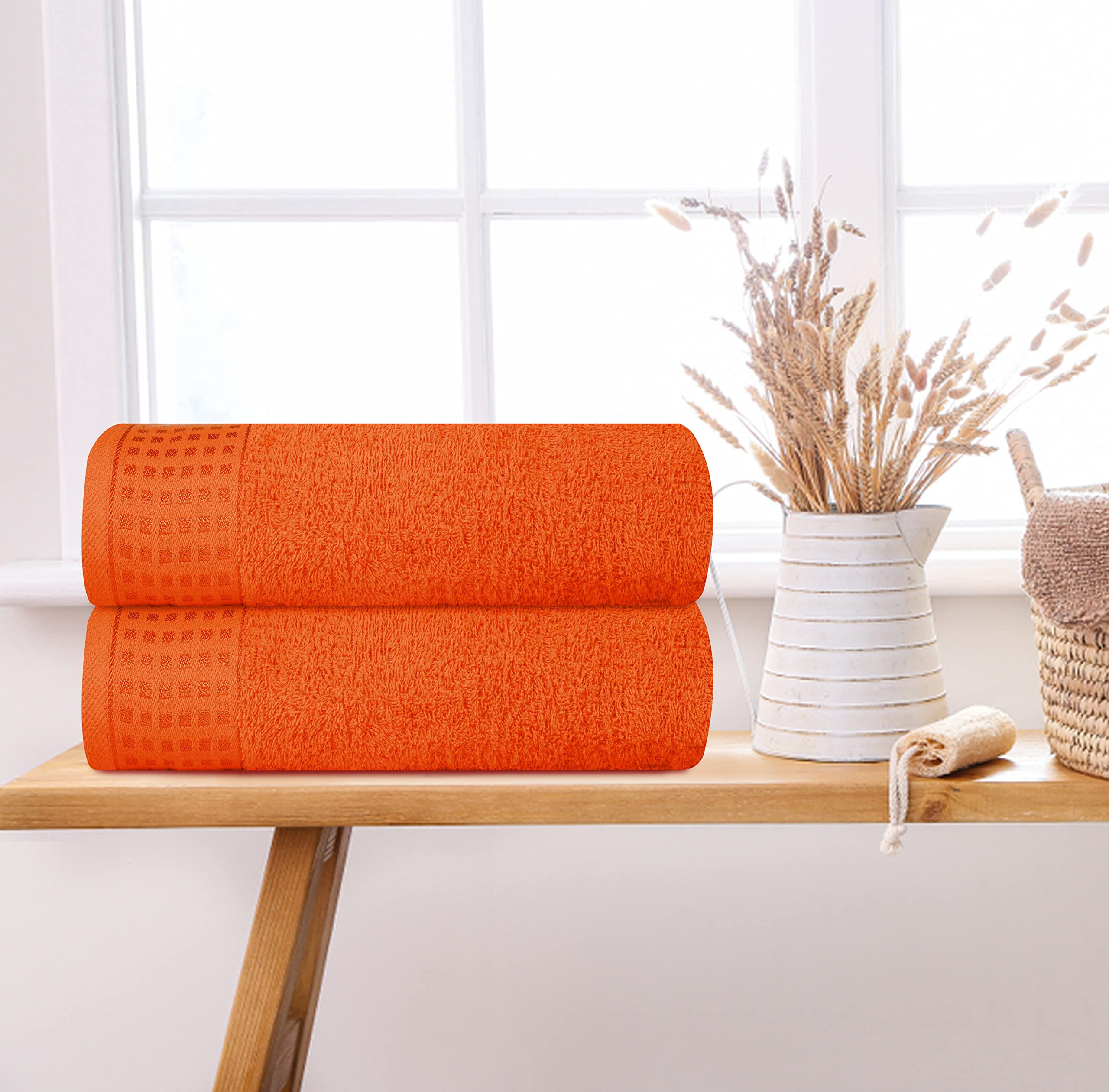 GLAMBURG 100% Cotton 2 Pack Oversized Bath Towel Set 28x55 Inches, Ultra Soft Highly Absorbant Compact Quickdry & Lightweight Large Bath Towels, Ideal for Gym Travel Camp Pool - Orange