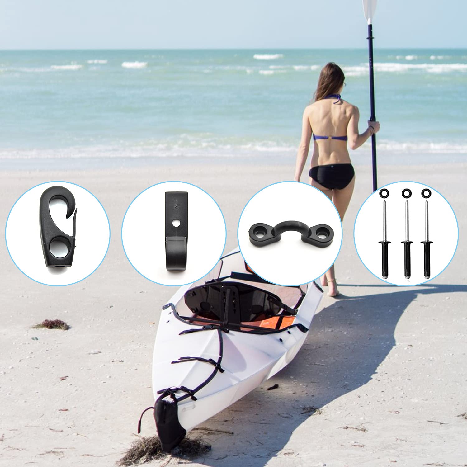 Kayak Carry Handle Rigging Kit - 4 Pcs Kayak Canoe Carry Handles with Rivet Pad Eyes & J - Hooks, 15 FT 6mm Elastic Bungee Cord Replacement Parts for Kayaks Canoes Boat Suitcase (Orange)