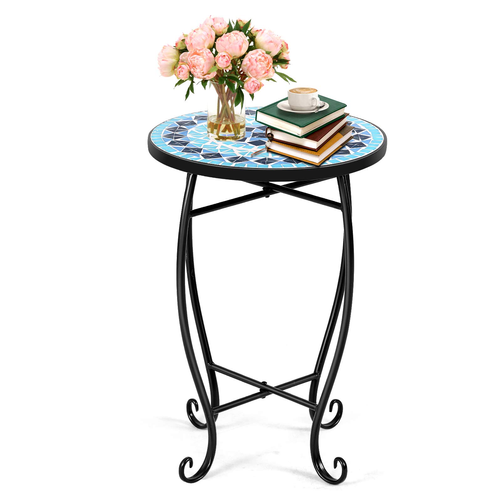 Giantex Outdoor Side Table, Mosaic Patio Table, 12 inch Accent Table Plant Stand, Ceramic Tile Top Metal Frame, Small End Table Porch Beach Patio Garden Balcony Poolside (Wave)