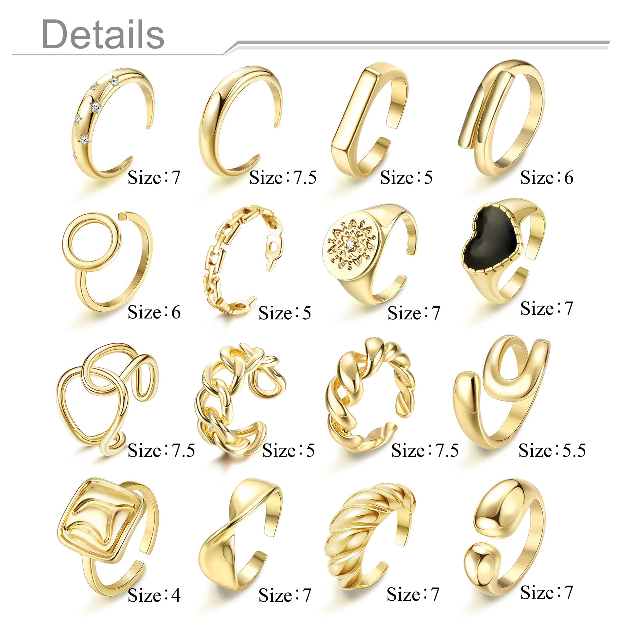 HAIAISO 16Pcs Gold Chunky Dome Ring Set for Women 18K Gold Plated Stackable Open Link Ring Trendy Braided Twisted Geometric Heart Signet Ring Adjustable Band Ring Minimalist Statement Over 3 Years Old