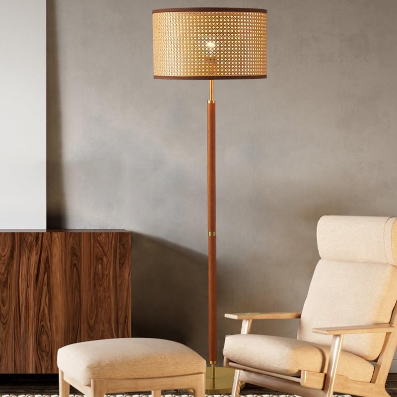 HALOU Simple and Warm Floor Lamp Living Room Sofa Study Bedroom Bed Rattan Woven Retro Upright Table Lamp