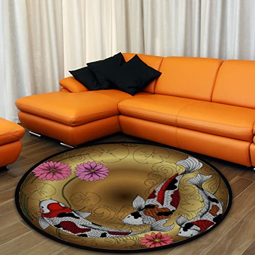 Round Area Rug 4Ft Koi Fish Japanese Style Non Slip Soft Washable Mat Flooring Carpet for Bedroom Living Room Kids Room Laundry Room Decor
