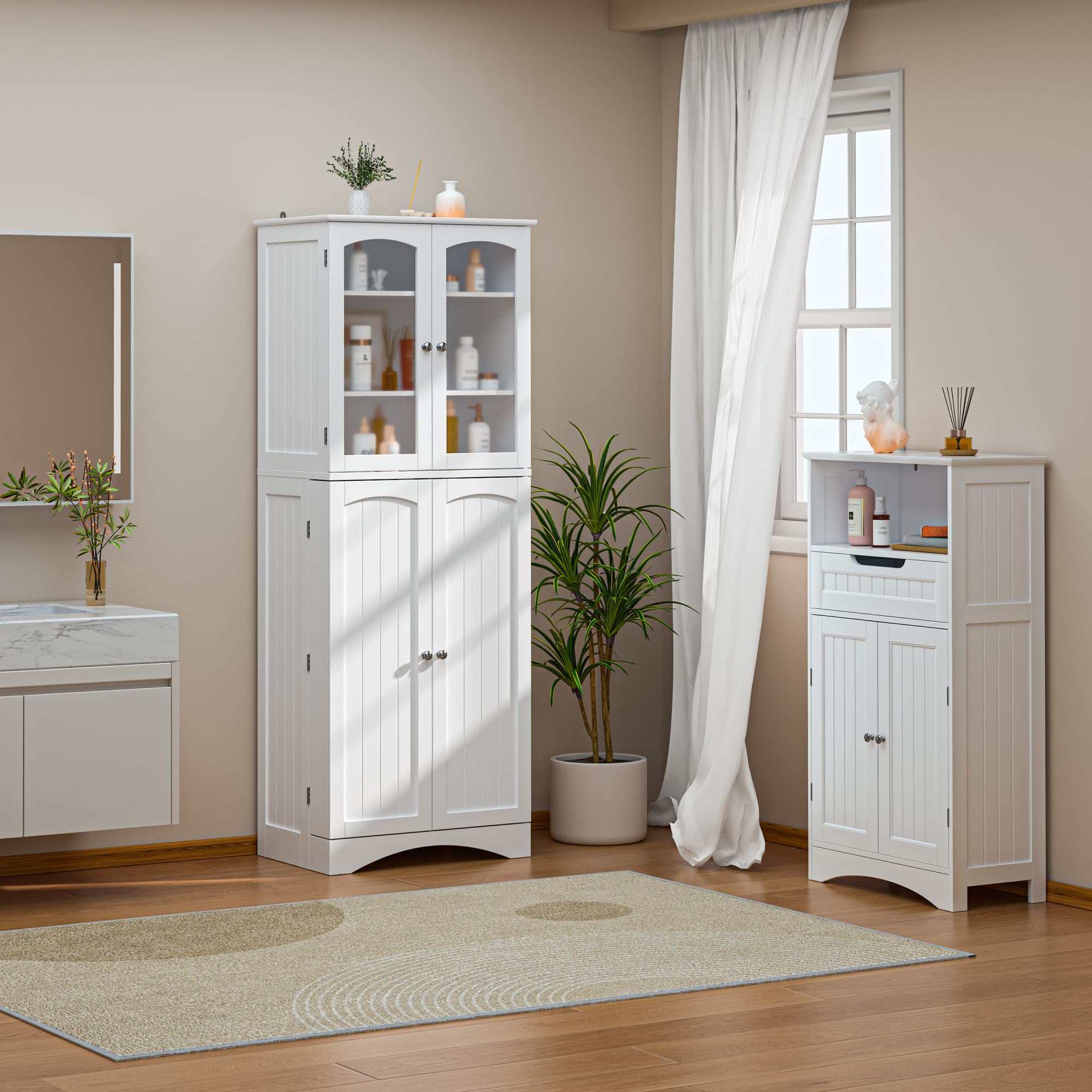 Gizoon 64" Kitchen Pantry Cabinet, Tall Storage Cabinet with Glass Doors and Adjustable Shelves, Freestanding Floor Cabinet Cupboard for Kitchen, Living Room, Dining Room (White)