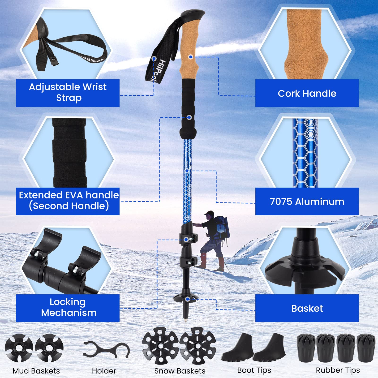 Hiipeak Lightweight Trekking Poles - 1 Pair Adjustable Hiking Sticks- Collapsible Walking Poles - Cork Grip- Aluminum 7075-Quick Flip-Lock for Hiking, Camping & Backpacking