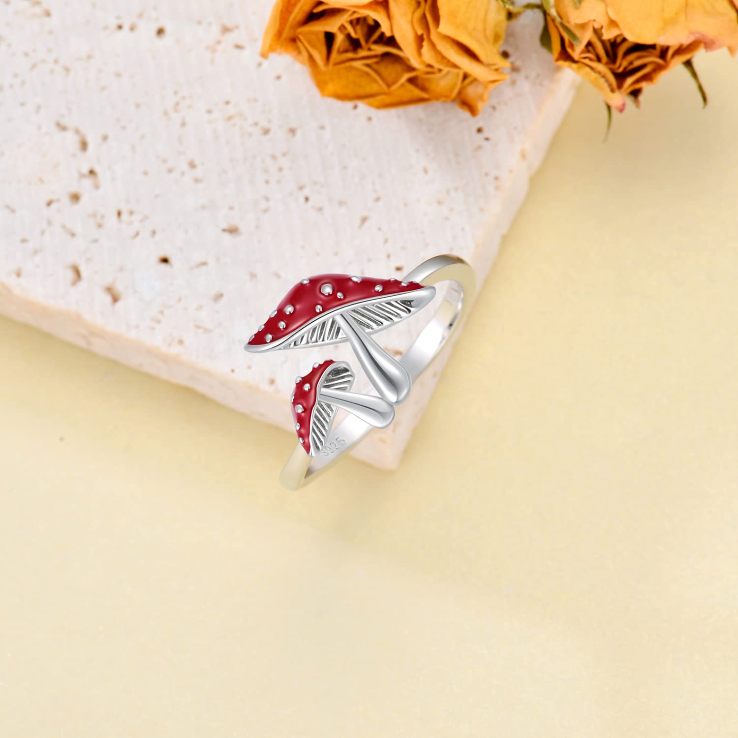LONAGO Mushroom Ring for Women 925 Sterling Silver Red Mushroom Band Ring (Size 7)