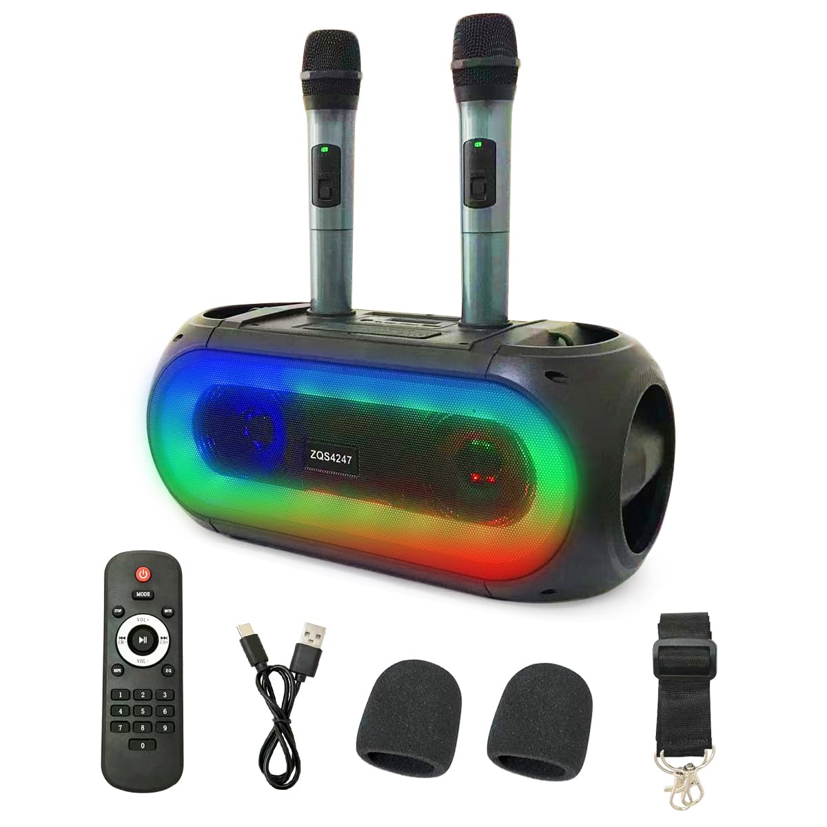 Karaoke Machine with 2 Wireless Microphones for Adults and Kids, Portable Bluetooth Speaker with Party Lights, FM Radio, Remote Control, Rechargeable PA System, Support USB, TF Card, AUX