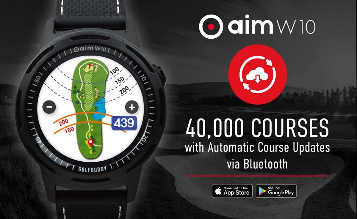 GOLFBUDDY Aim W10 GPS Watch, Advanced Smart Golf Watch, Full-Color Touch Screen, 40,000 Preloaded Courses, Red/White/Blue & Black Wristband