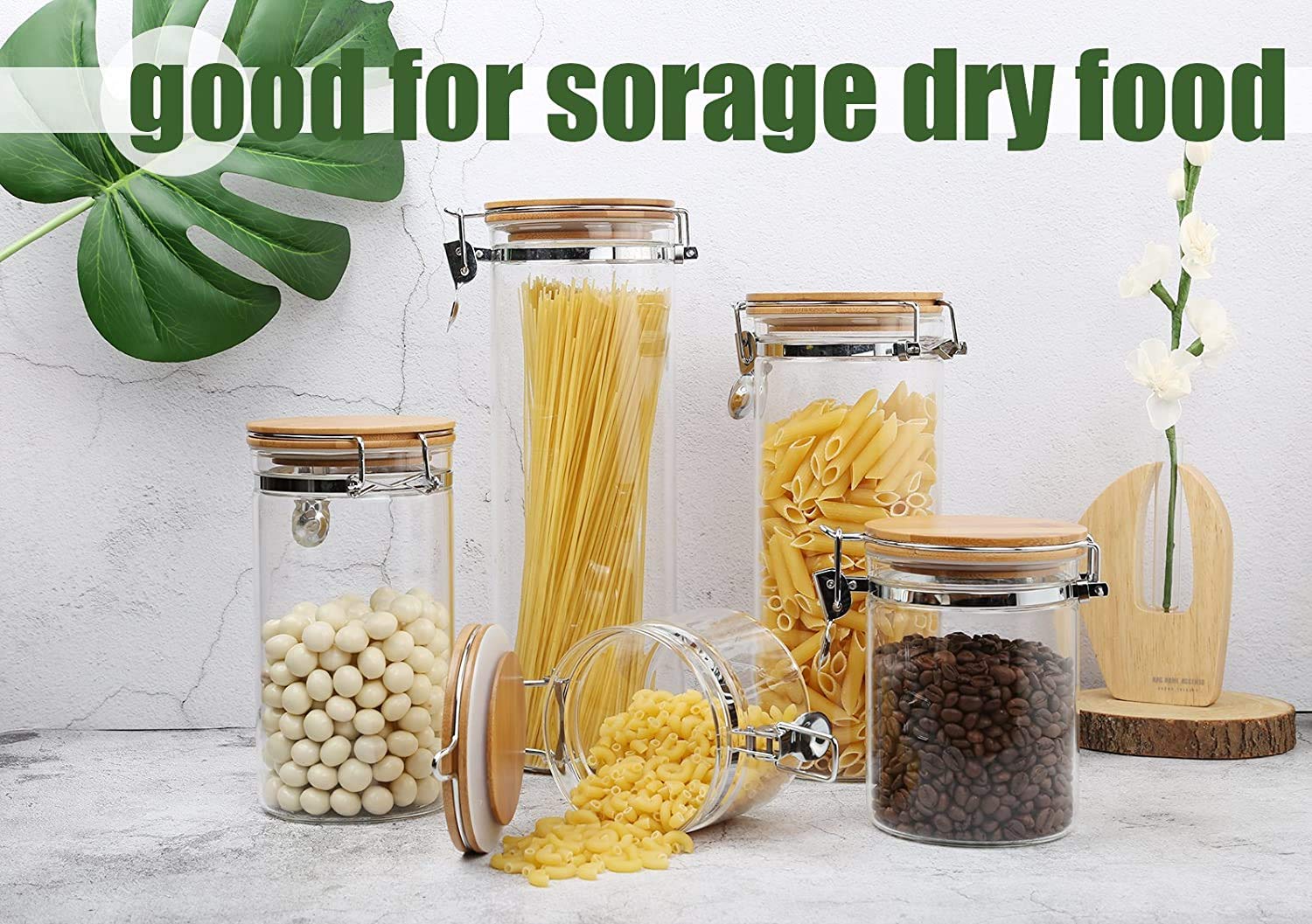 KKC HOME ACCENTS Tall Glass Pasta Storage Container with Hinged Lid,Glass Spaghetti Storage Jar Airtight Lid,Pasta Spaghetti Kitchen Canister,Noodle Holder Container with Bamboo Lid