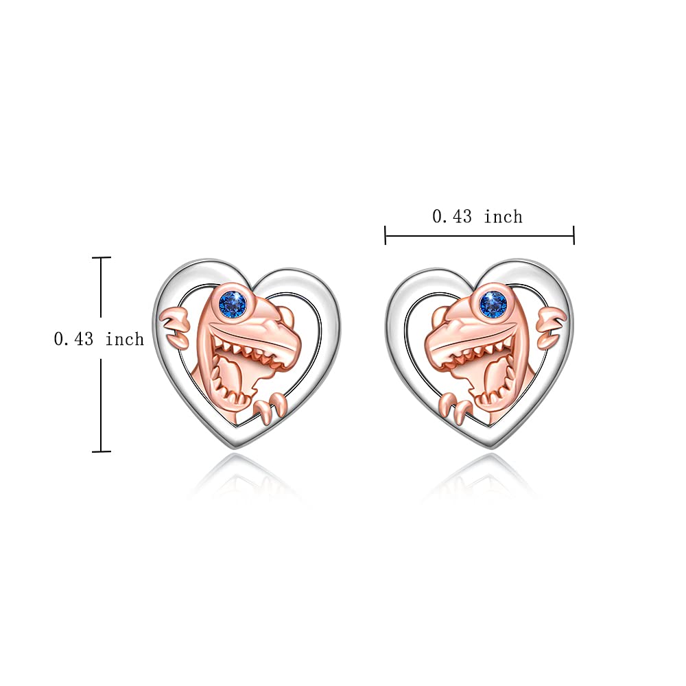 Heart Dinosaur Earrings Sterling Silver Studs for Cute Crystal Sapphire Jewelry Women's Statement Hypoallergenic Animal Valentine Gift