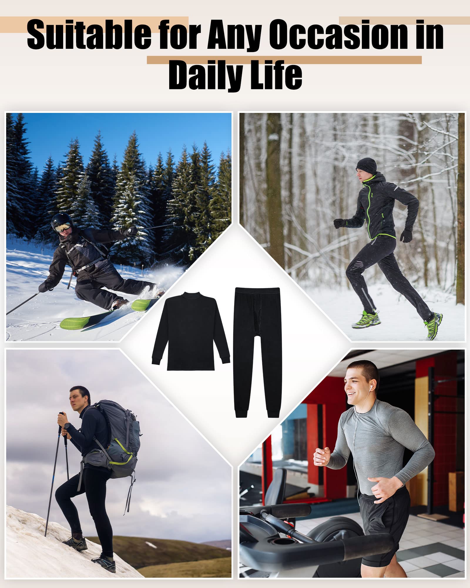 Jecery 4 Set Winter Thermal Underwear for Men Soft High Collar Long Johns for Men Warm Base Layer Men Cold Weather Windproof Cotton Polyester Top Bottom Shirt Pants
