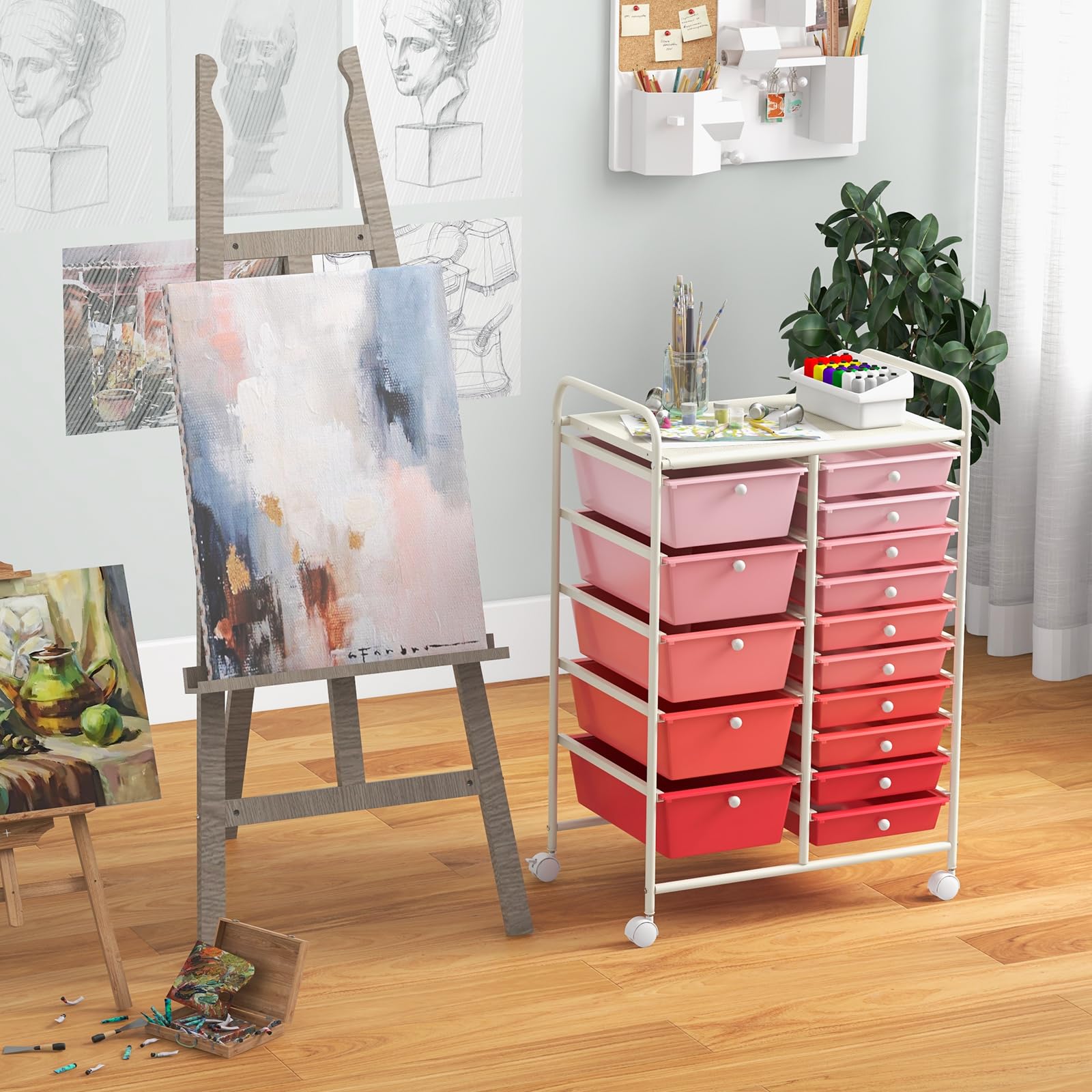 Giantex 15 Drawers Rolling Cart, Classroom Organizers, Storage Cart with Wheels, for Teacher Office Home School Supplies Tool Craft Art Paper