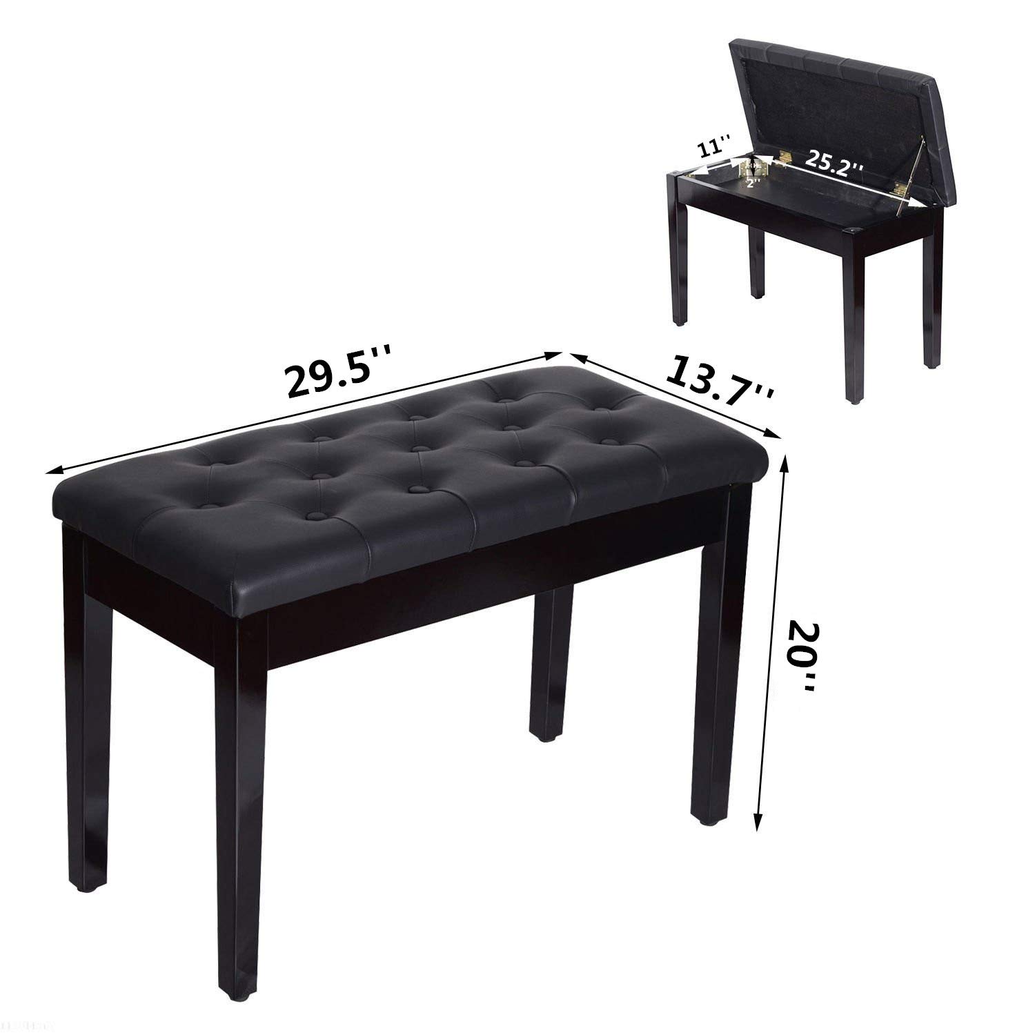 Haicool TOYEEKA Black 29'' Solid Wood PU Leather Double Duet Piano Stool Keyboard Bench with Storage, Load 440lb