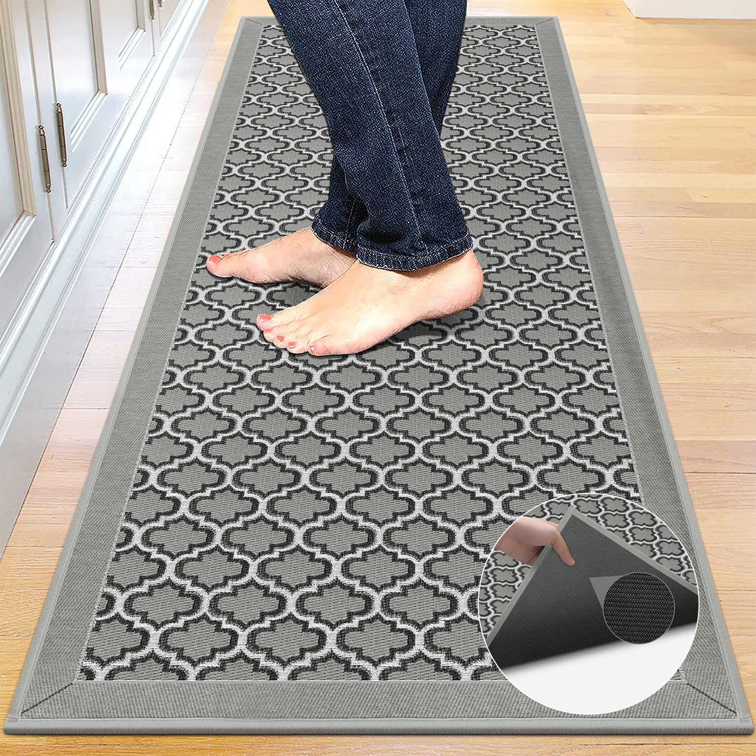 GOYLSER Kitchen Floor Mat Cushioned Rug Runner Mat Kitchen, Thick Waterproof Non-Slip Grey Kitchen Rugs for Hardwood Floors, Washable Rugs for Kitchen Floor, Gray Kitchen Rugs Non Skid, 60"x26"