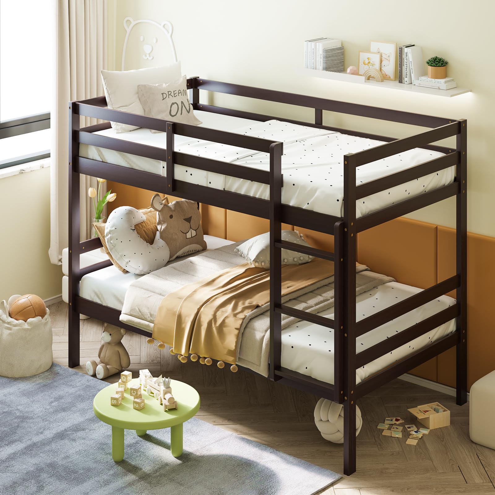 Giantex Bunk Bed Twin Over Twin White, Solid Wood Bunk Bed with Sturdy Ladder & 12 Inch Safety Guard Rails, Twin Size Wood Bed Frame for Dormitory, No Box Spring Needed, Bunk Beds for Kids Teens