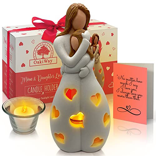 Gifts for Mom from Daughter, Mothers Day Present - Candleholder Statue W/Flickering LED - Birthday Gift for Daughters, Christmas Moms Unique Gift Ideas, Greeting Card, Seasonal DƩcor (Light Brown)