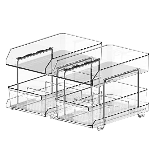Hourleey 2 Tier Pantry Organizers and Storage, 2 Pack Clear Pull Out Kitchen Organizer and Storage with Dividers for Under Sink, Bathroom, Medicine, Cabinet, Closet Organizer