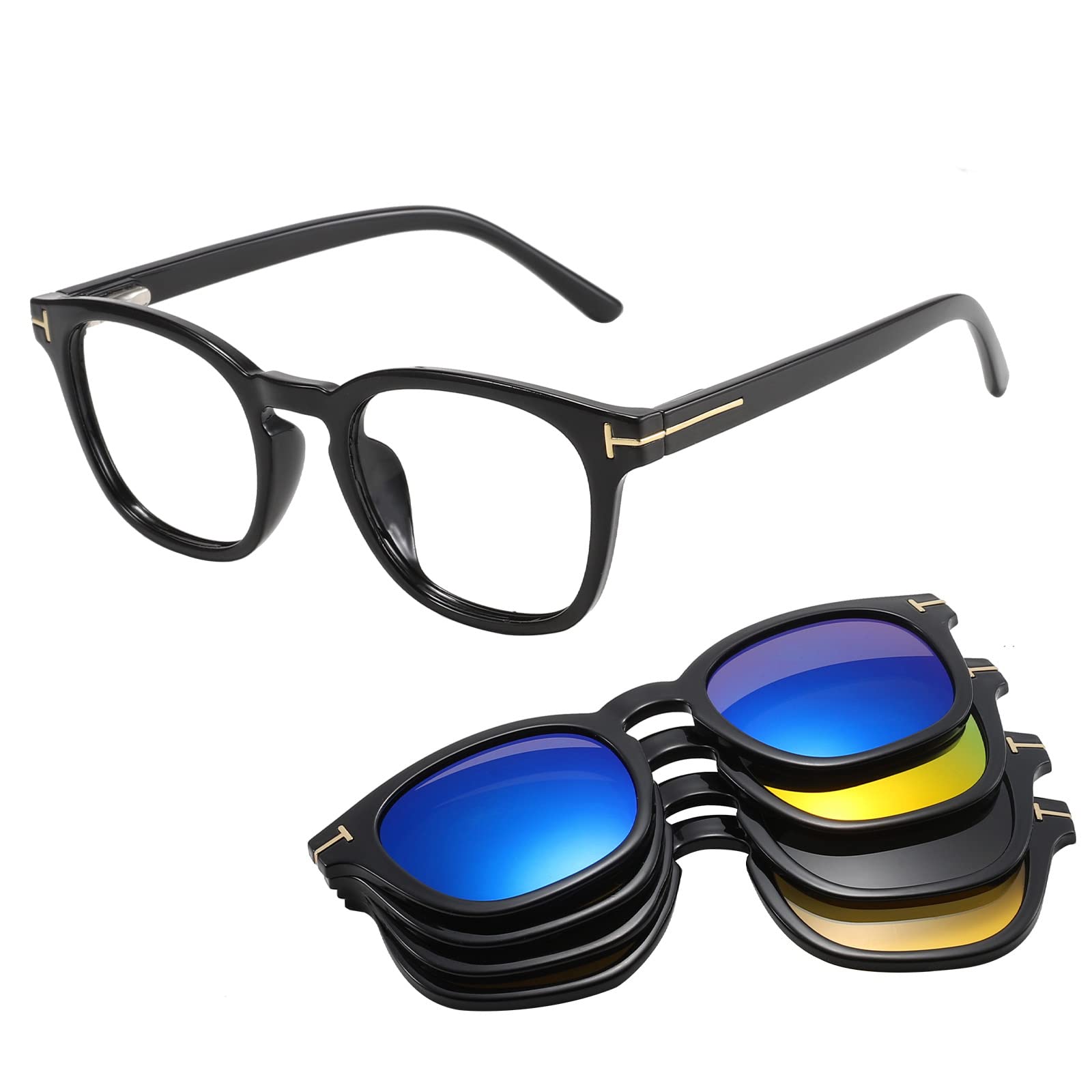 KSSESSE Small Blue Light Blocking Glasses with 4Pcs Magnetic Polarized Clip On Sunglasses Lenses for Men Women Multi-use