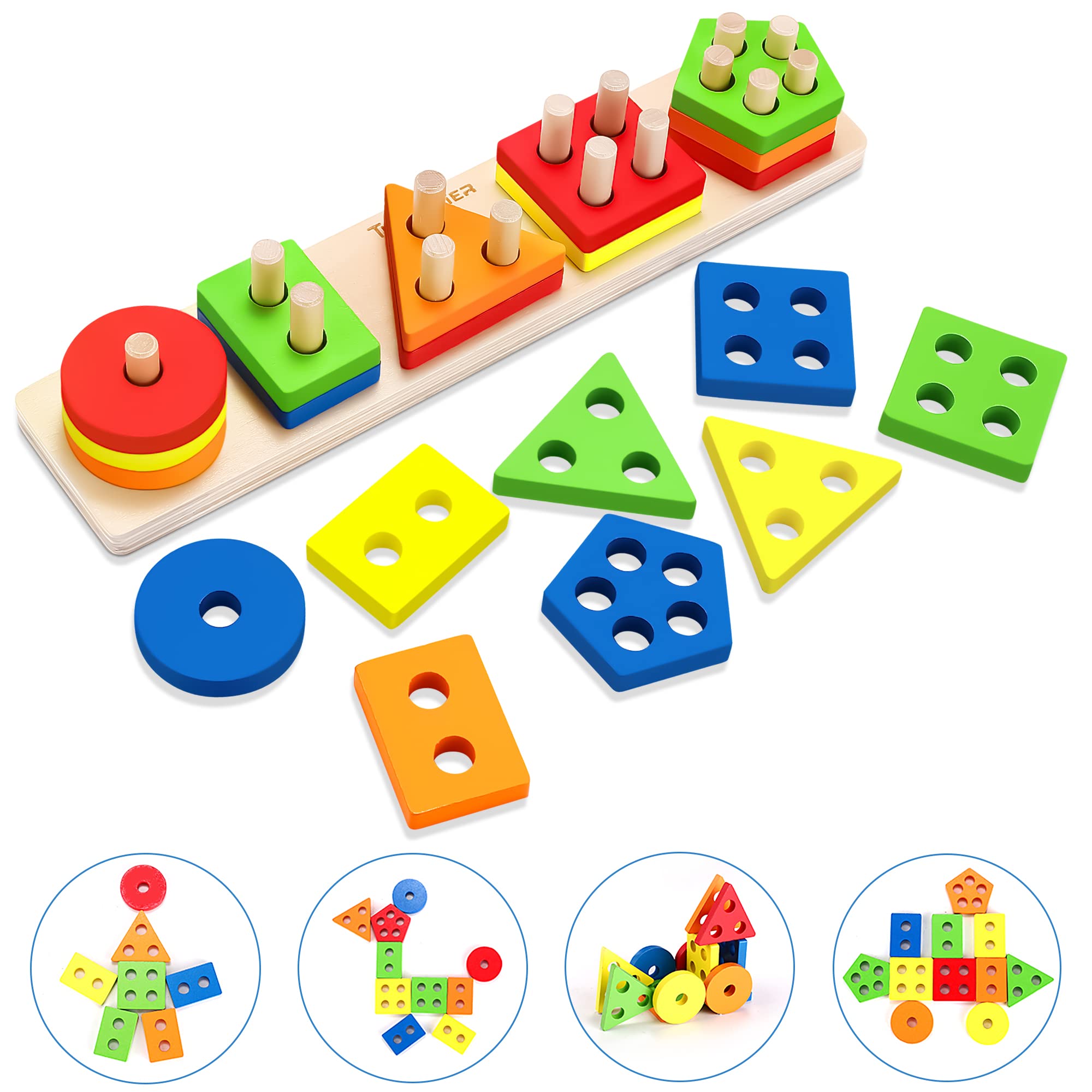 NUGZIX Montessori Sorting and Stacking Toys for Baby,Wooden Toddlers Toys for Kids Preschool,Shape Sorter and Color Stacker,Great Preschool Kids Wood Gifts