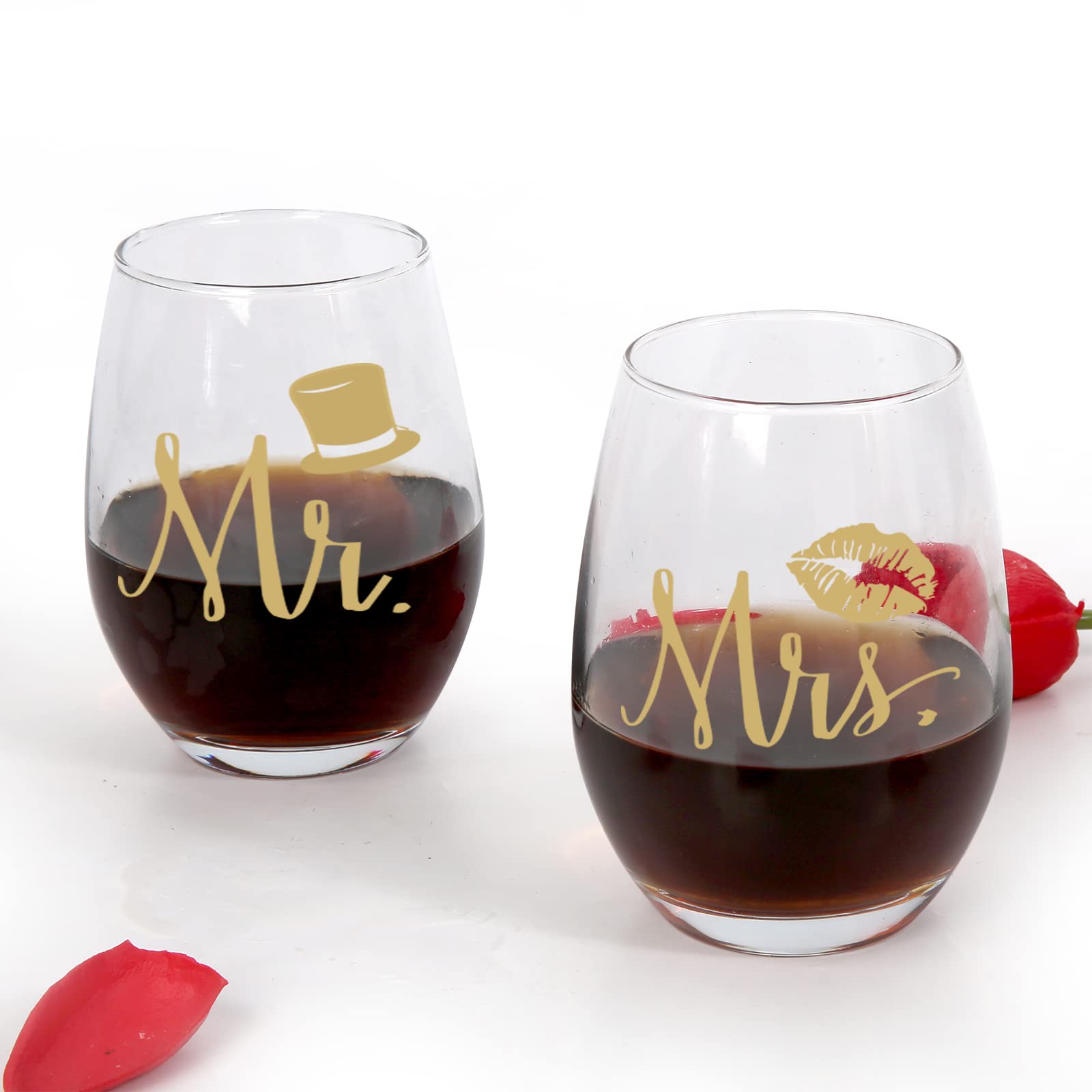 Jogskeor Mr and Mrs Wine Glasses, Stemless Wine Glasses 15oz, Wedding Anniversary Valentine's Day Engagement Birthday Christmas Gift for Bride and Groom, Couples, Mr Mrs