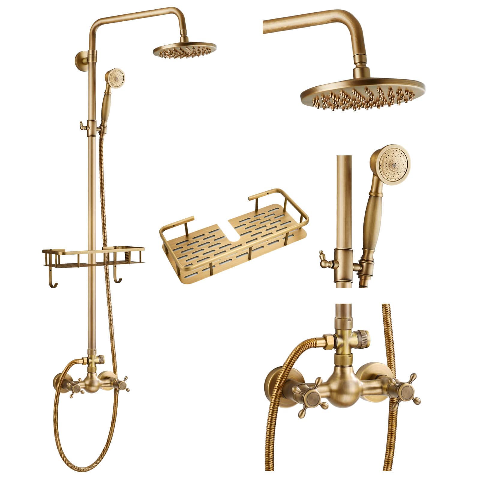 gotonovo Exposed Bathroom Shower Faucet with Shower Shelf Antique Brass 8 inch Rainfall Shower Head Wall Mounted Double Cross Handles Handheld Sprayer Shower Shower System Dual Functions