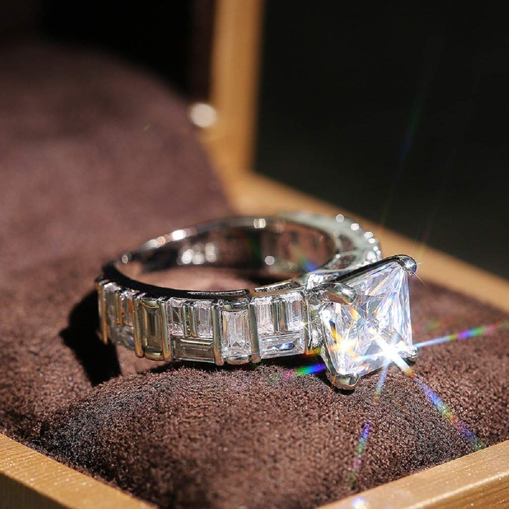 GUIDECUN Princess Cut Simulated Diamond Ring, French Baguette Emerald Cut Side StoneCubic Zirconia Stone Promise Engagement Ring for Women (US Size 6)