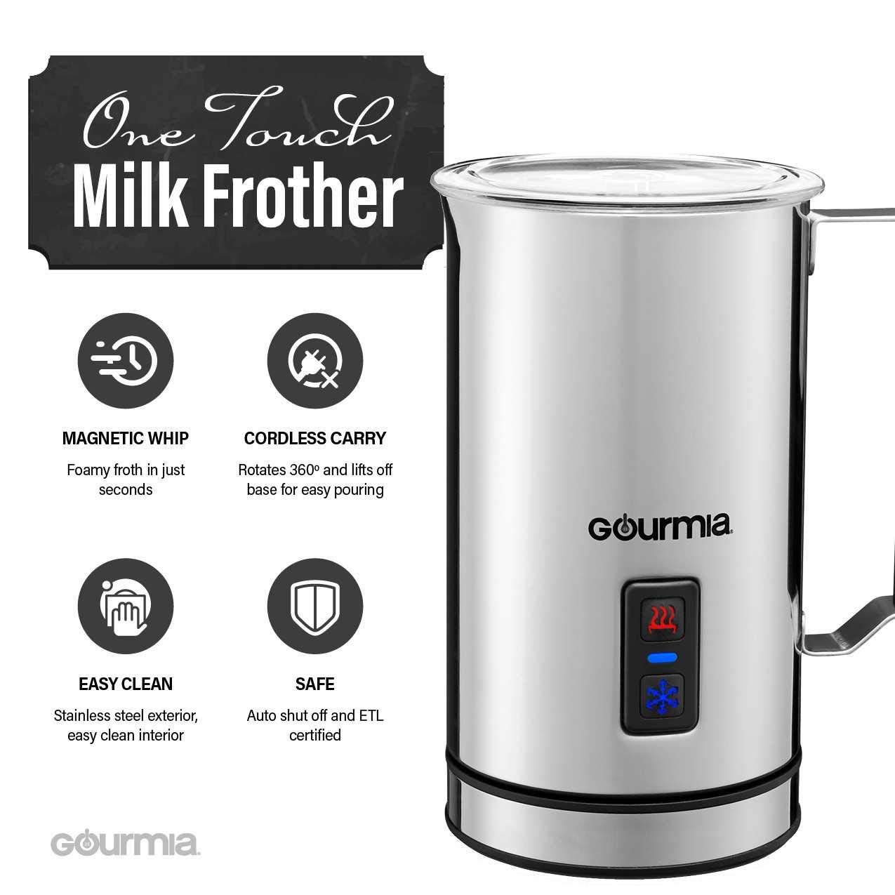 Gourmia GMF215 Cordless Electric Milk Frother & Heater, 3 Function, Detachable Base for Easy Serving, Stainless Steel, Silver