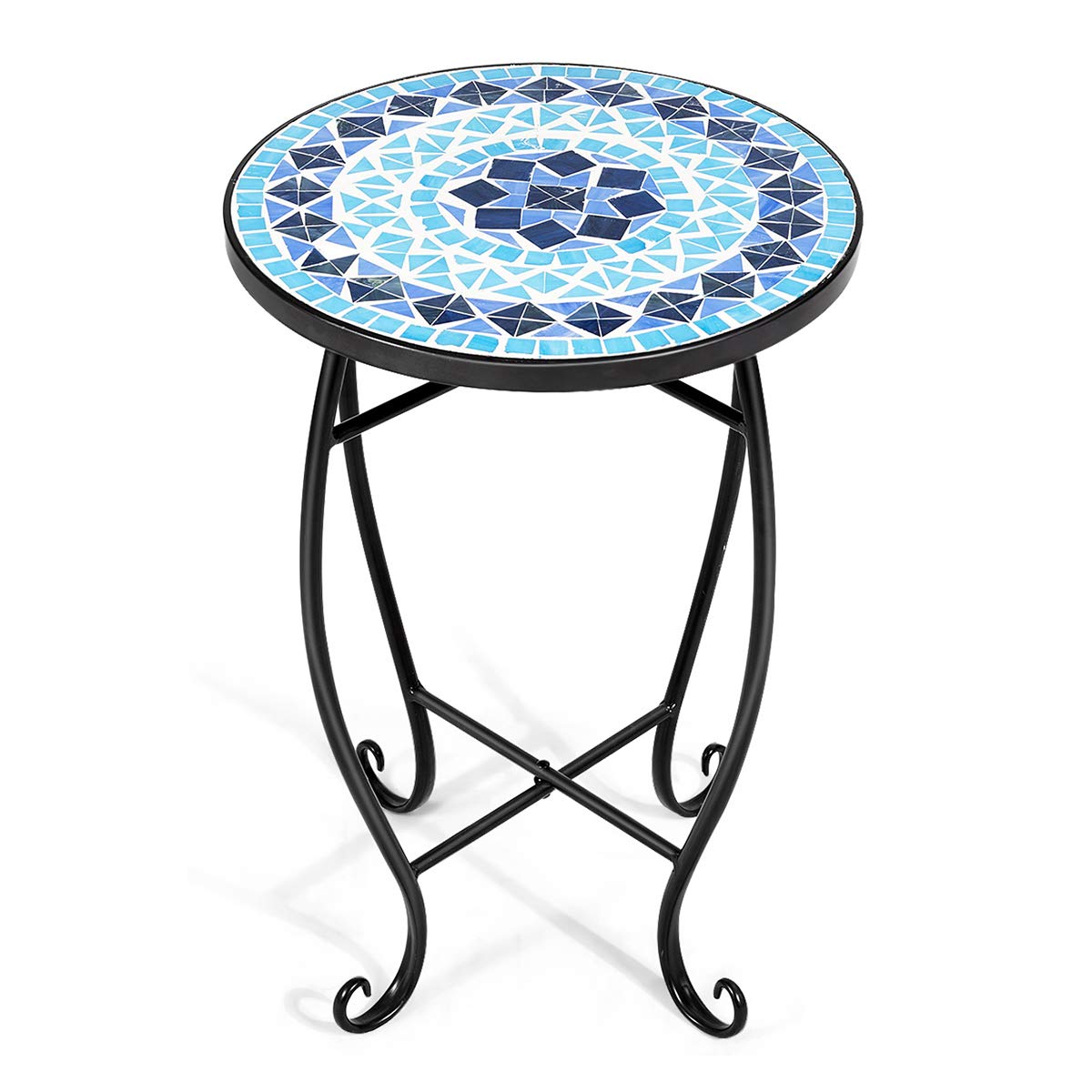 Giantex Outdoor Side Table, Mosaic Patio Table, 12 inch Accent Table Plant Stand, Ceramic Tile Top Metal Frame, Small End Table Porch Beach Patio Garden Balcony Poolside (Wave)