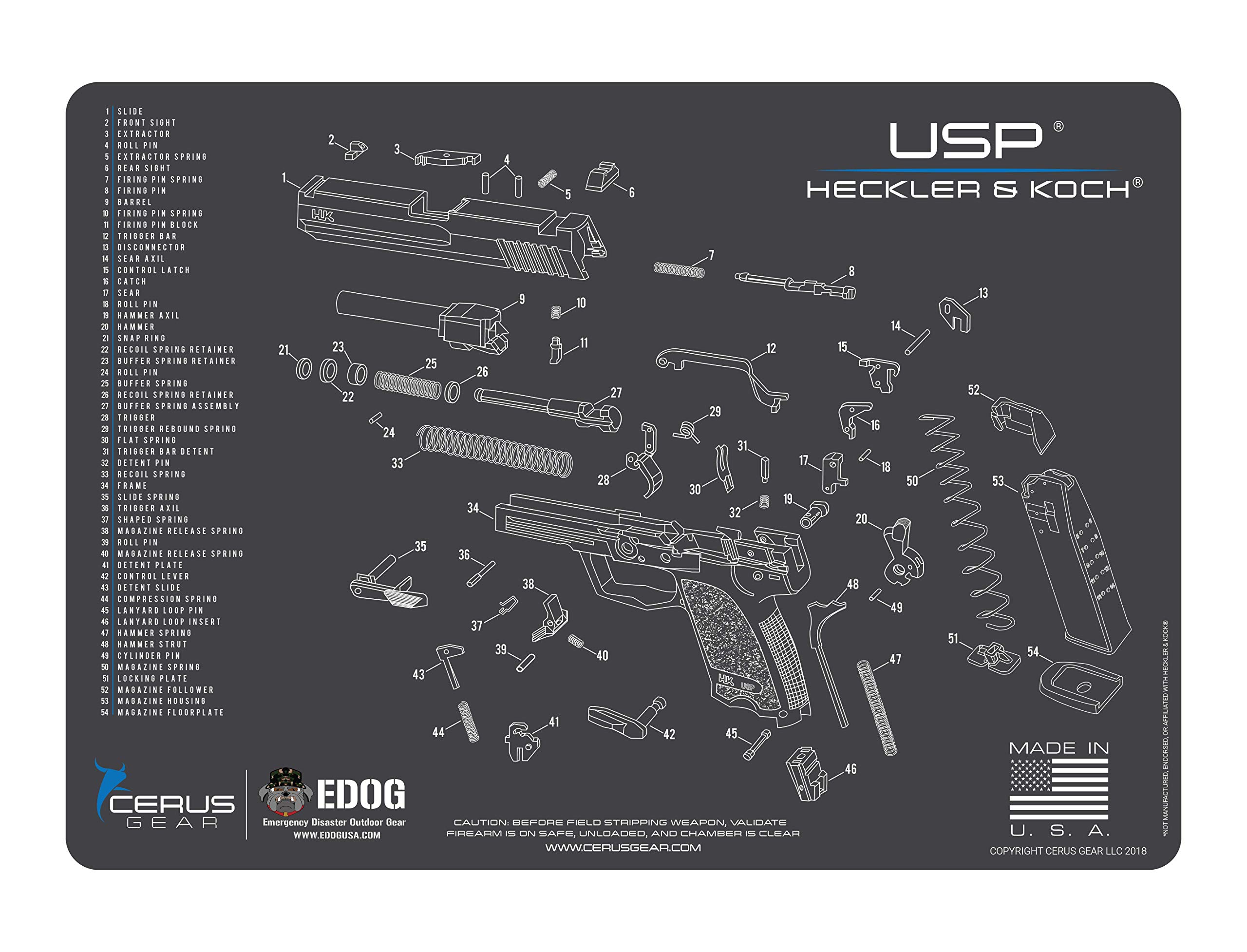 Heckler & Koch USP EDOG Cerus Gear Schematic (Exploded View) Heavy Duty Pistol Cleaning 12x17 Padded Gun-Work Surface Protector Mats Solvent & Oil Resistant