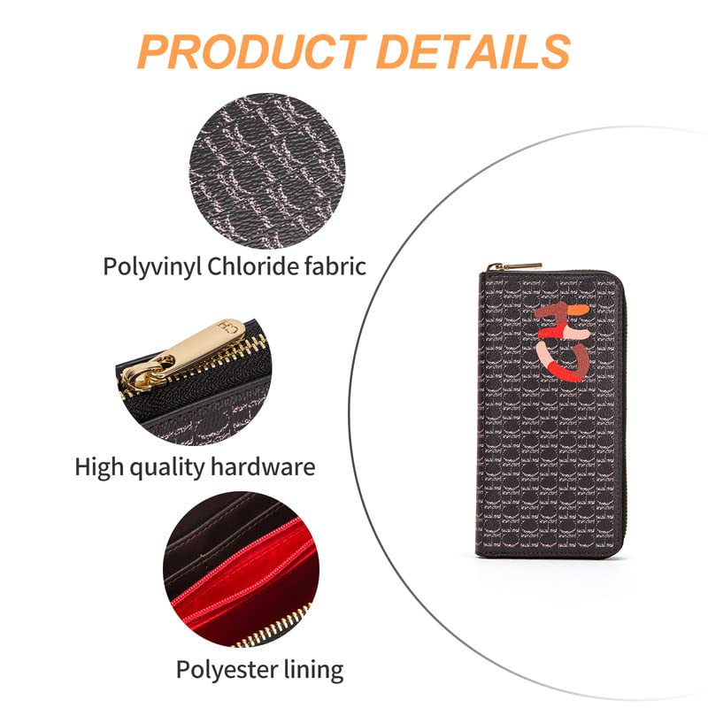 Long wallet card printing clutch zipper mobile phone bag purse (Black)
