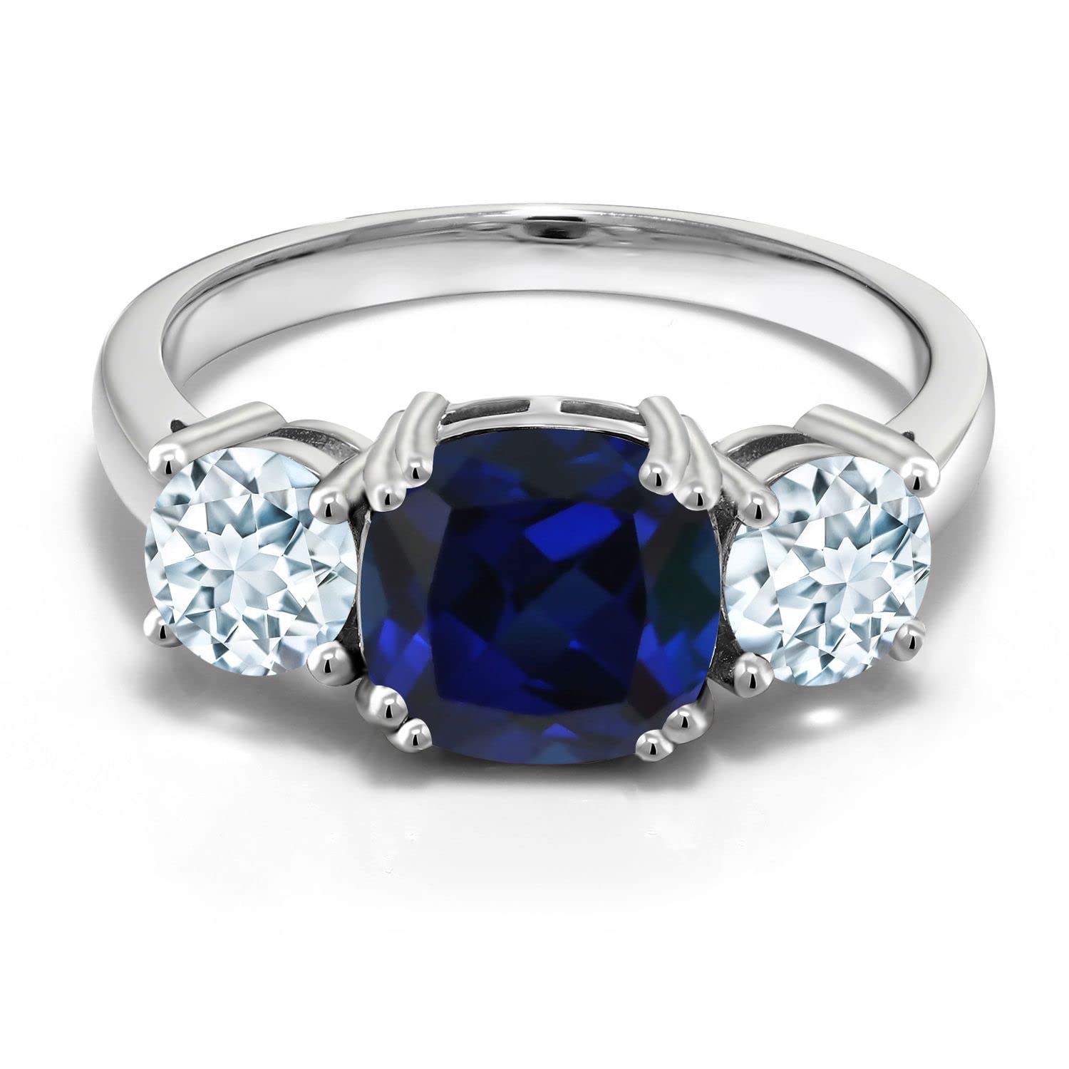 Gem Stone King 925 Sterling Silver Blue Created Sapphire and Sky Blue Aquamarine 3 Stone Engagement Ring For Women | 3.50 Cttw | Cushion 8MM | Available in Size 5,6,7,8,9