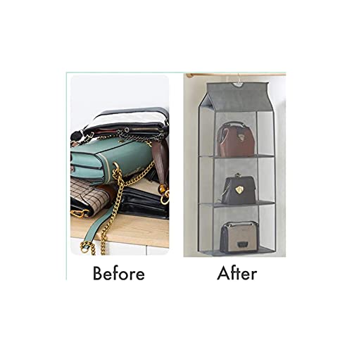 Hanging Handbag Purse Organizer, 3 Grids Pockets Foldable Hanging Bag, Space-Saving Storage Bag System, Suitable for Living Room Bedroom Family use (Gray)