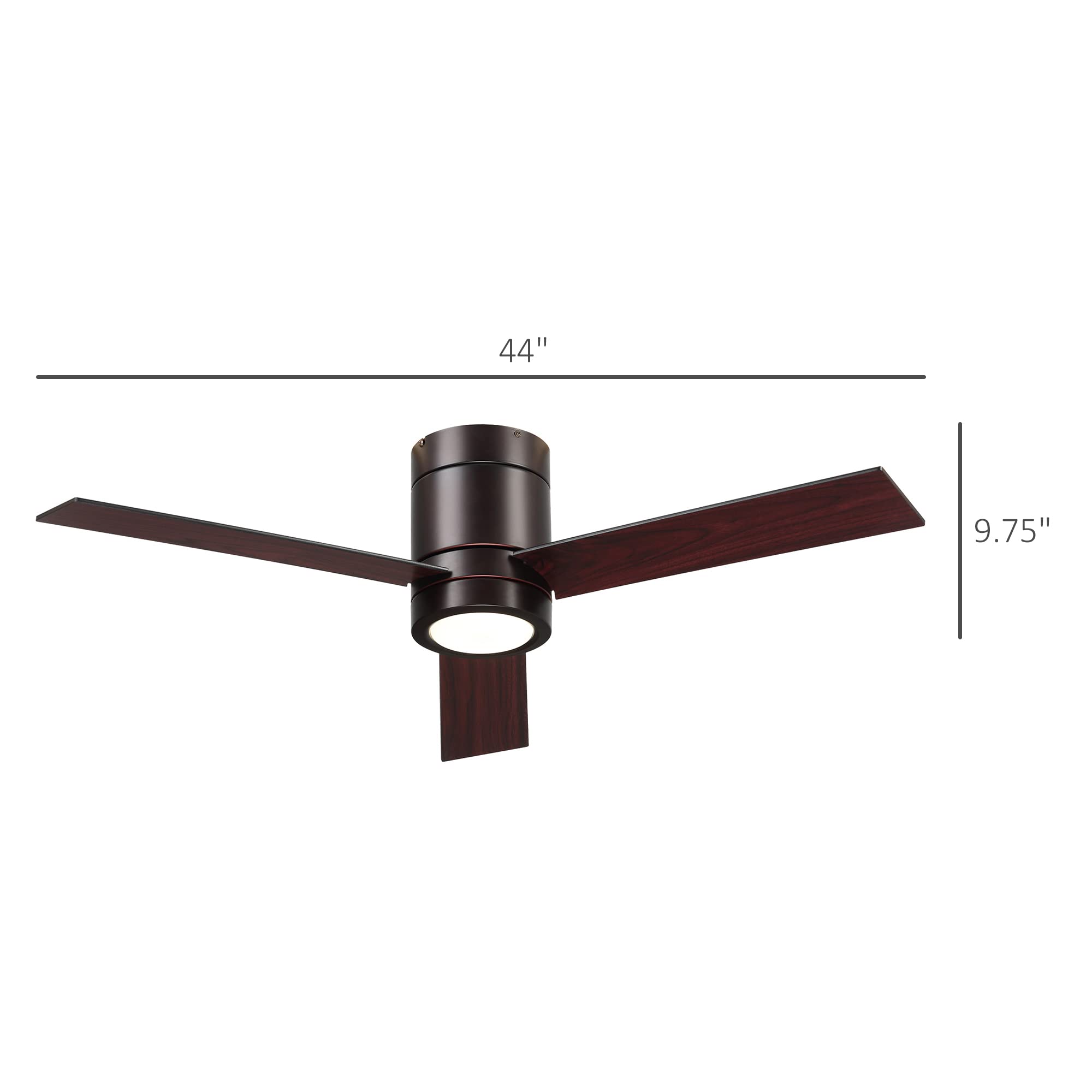 HOMCOM 44'' Mount Ceiling Fan with Light, Modern Indoor LED Lighting Fan with 3 Dual Finish Blades, Remote Control, for Bedroom, Living Room, Brown