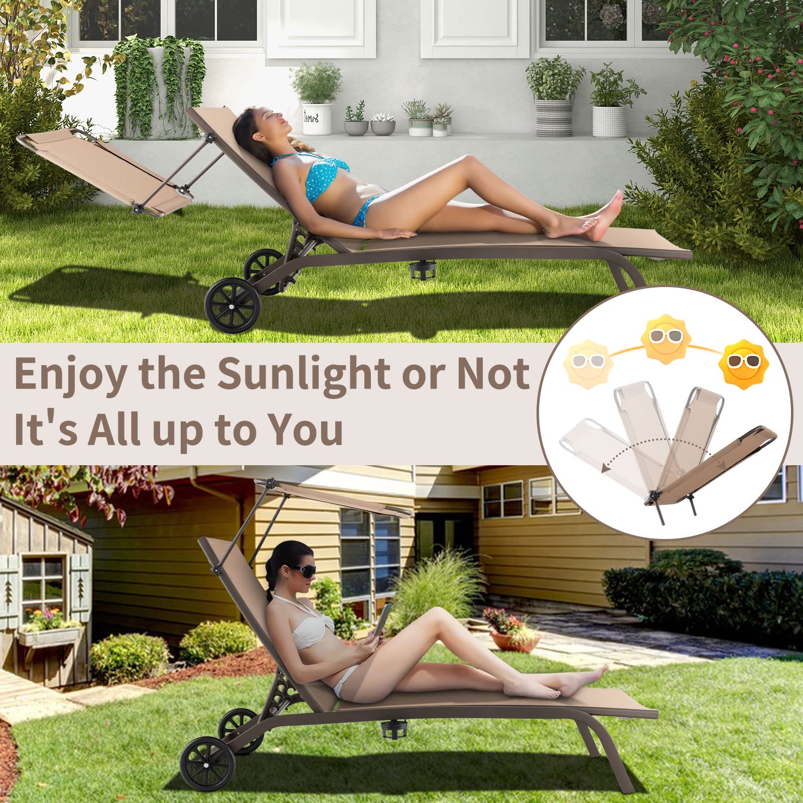 Giantex Outdoor Chaise Lounge Chair, Tanning Chair with Sunshade and Smooth Wheels, 6-Level Adjustable Position, Cup Holder, Metal Frame, Patio Chaise Lounge for Sunbathing, Yard, Poolside (1)