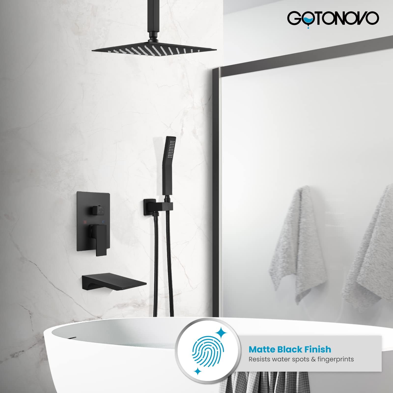 gotonovo Rain Mixer Shower Faucet Set Combo with Waterfall Tub Spout Rain Shower System Ceiling Mount Rainfall Shower Head with Handheld Spray Rough-in Valve and Trim Included Matte Black 12''