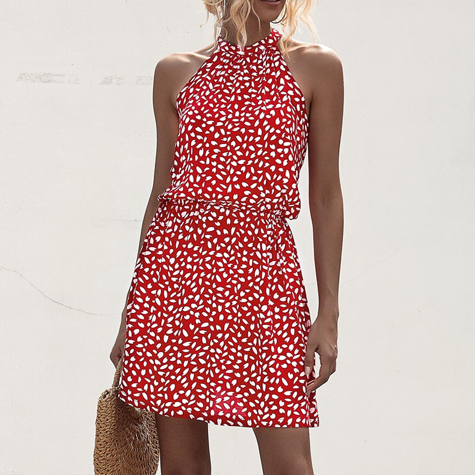 Halter Mini Dress Graphical Printing Crewneck Sundress Back Tie Up Sleeveless Swing Beach Dress for Women Red