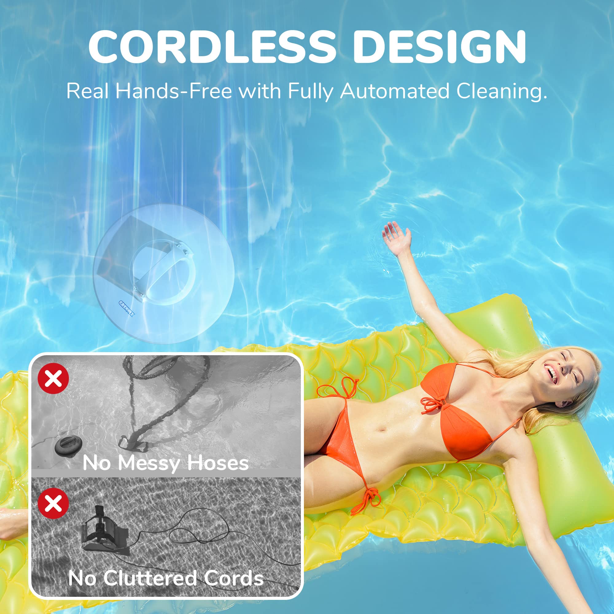 Grennix Robot Pool Cleaner - Cordless Robotic Pool Vacuum for Above Ground & In-Ground Swimming Pool Self-Docking Automatic Underwater Skimmer with Strong Suction, Top Handle - Arctic Blue