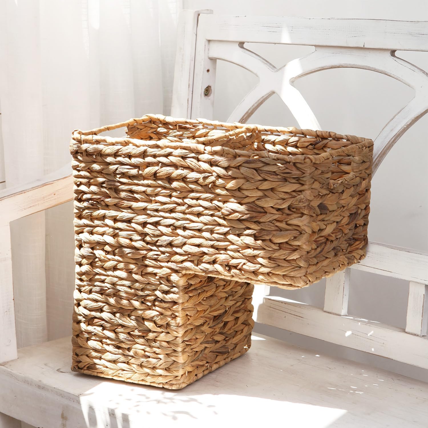 Synovana Stair Basket Water Hyacinth Storage Basket Handwoven Wicker Storage Basket Rattan Storage Organizer for Bedroom Living Room Laundry Room