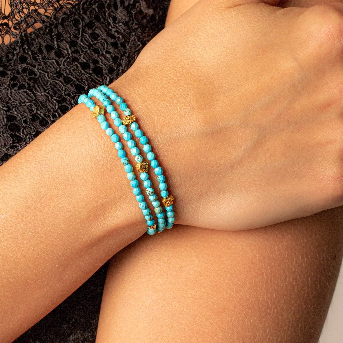KARMA AND LUCK - Blessed Tranquility - Women's Real Turquoise Stone 18K Gold Plated Multi Symbol Hamsa Hand OM Charm Adjustable Wrap Bracelet - Ready to gift for her