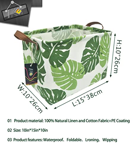 HKEC Rectangle Green Storage Basket,Clothes Basket with Handles, Collapsible Storage Box,Cute Canvas Toy Bin for Kids,Gift Basket,Room Decor(Banana leaf)