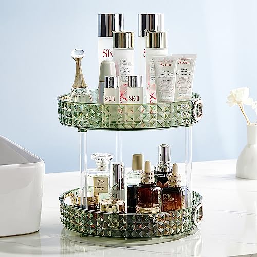 ROWNYEON Rotating Makeup Organizer 2 Tier Skincare Organizers with Handle Bathroom Organizer Perfume Organizer Spinning Cosmetics Organizer for Vanity,Cabinets, Pantry, Fridge, Countertops,Kitchen