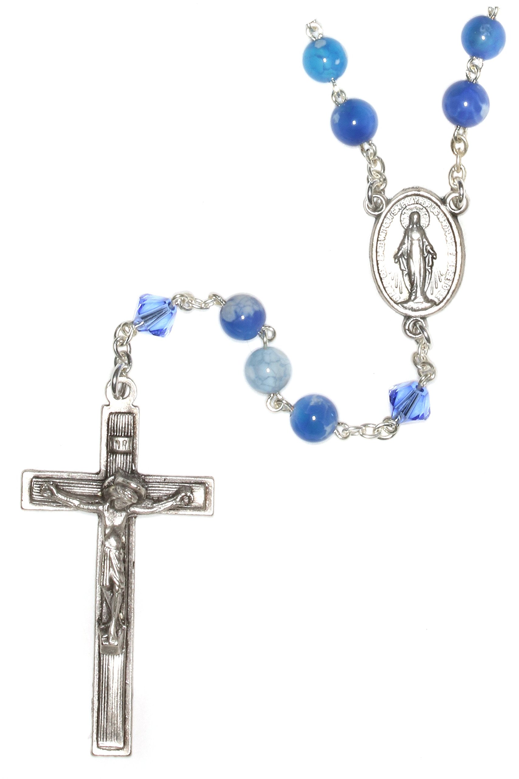 Gemstone Catholic Prayer Rosary - Includes "How to Pray the Rosary", Rosary Pouch and Gemstone meaning (Blue Agate - Silver)