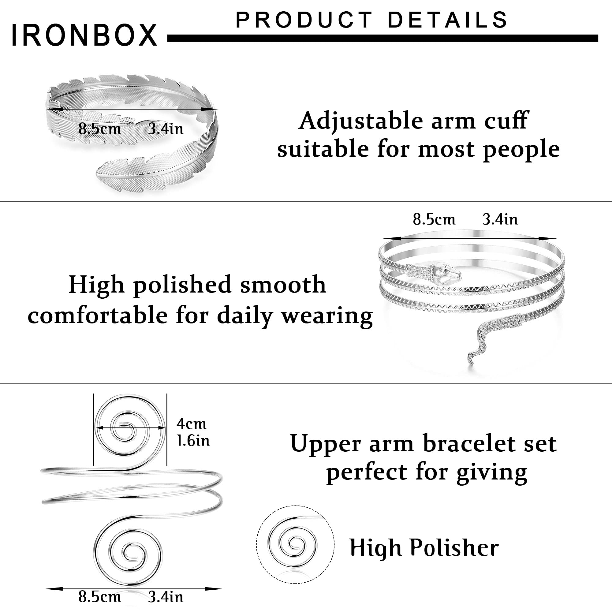 IRONBOX 6Pcs Arm Cuff Upper Arm Bracelet Gold Coil Leaf Feather Snake Arm Cuff Bracelets Silver Adjustable Bangle Armlet Arm Cuff Jewelry for Women