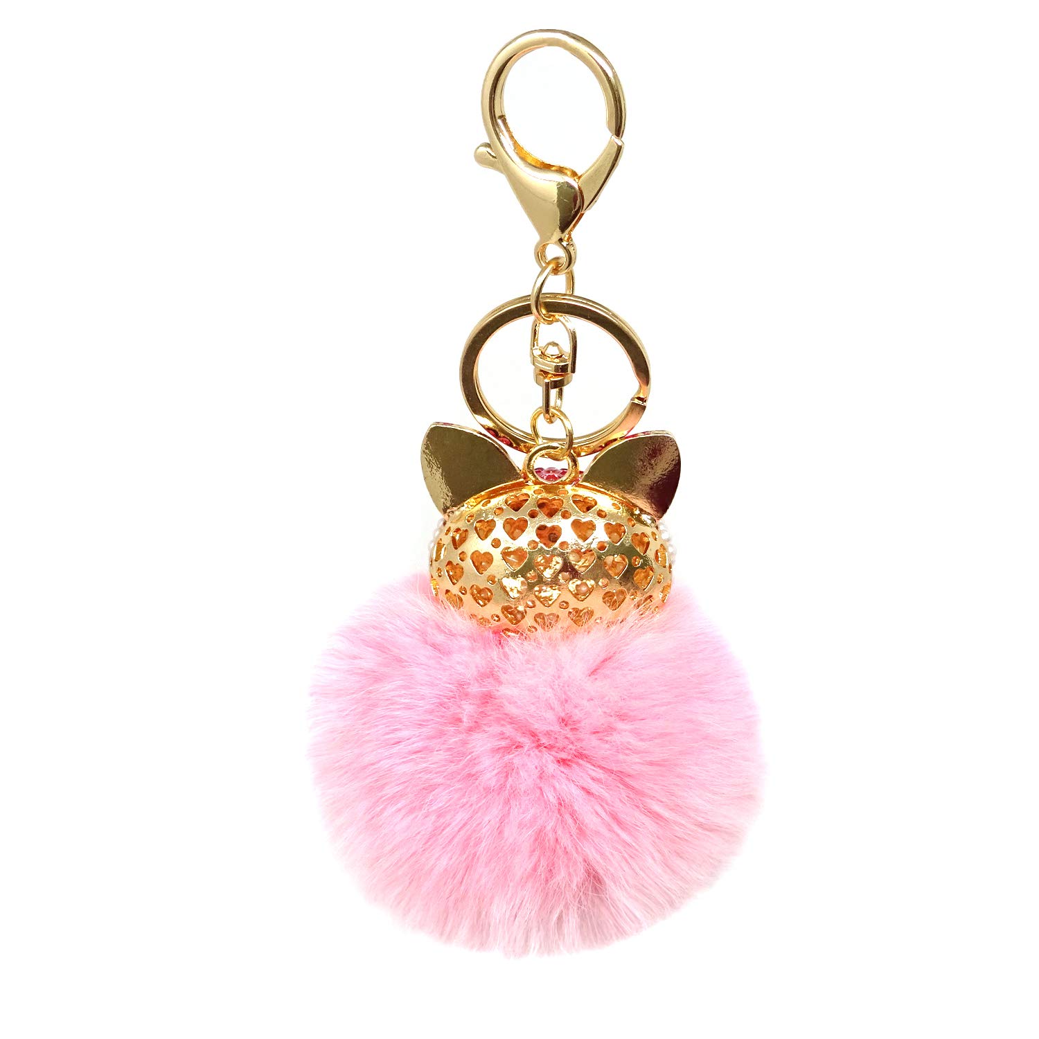Honbay Faux Rabbit Fur Fluffy Keychain Fashion Fox Head Alloy Keychain Sparkly Rhinestone Handbag Backpack Car Keychain (Pink)