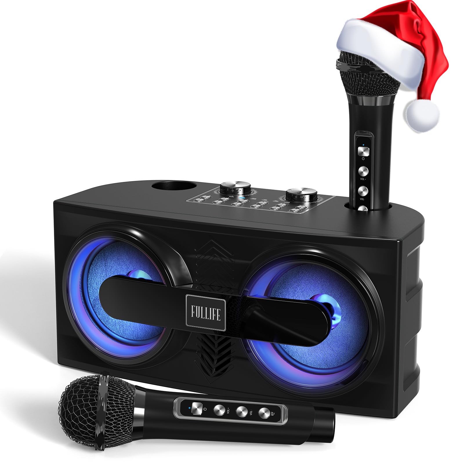 Karaoke Machine with 2 UHF Wireless Microphones for Adults/Kids, FULLIFE Portable Bluetooth PA Speaker System with Led Light/Echo/Bass Adjustment/Vocal Cut for Home Parties, Indoor/Outdoor
