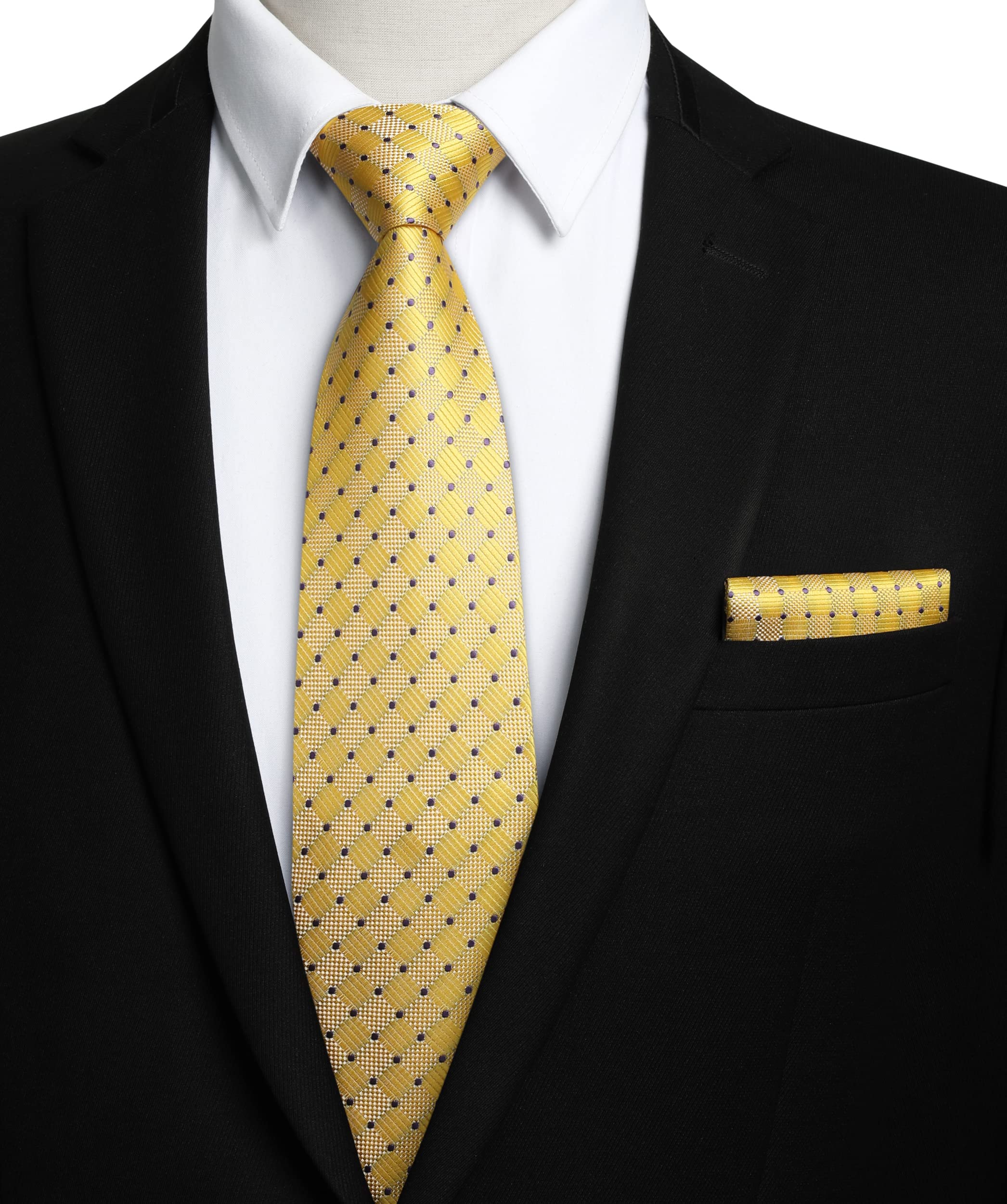 HISDERN Mens Ties Set Extra Long Ties and Pocket Square Set Navy Blue Yellow Necktie Handkerchief 63 Inch XL Silk Neckties Collection 3 Pack Wedding