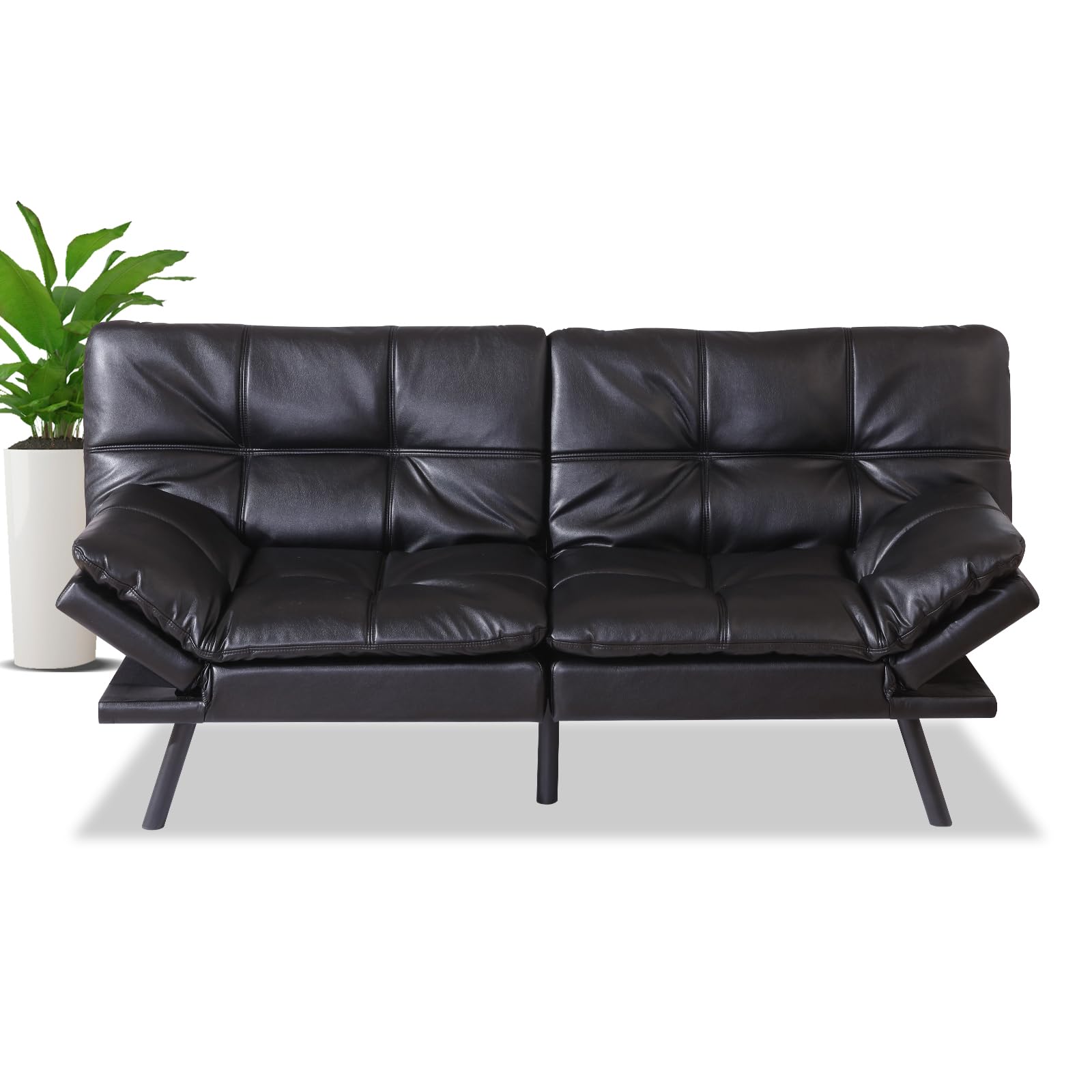 MUUEGM Faux Leather Memory Foam Convertible FoldIing Futon Sofa Bed, Modern Lounge Sofa with Adjustable Backrest Armrests, Futon Couch for Living Room with Loveseats in Black.(Leather,Black)