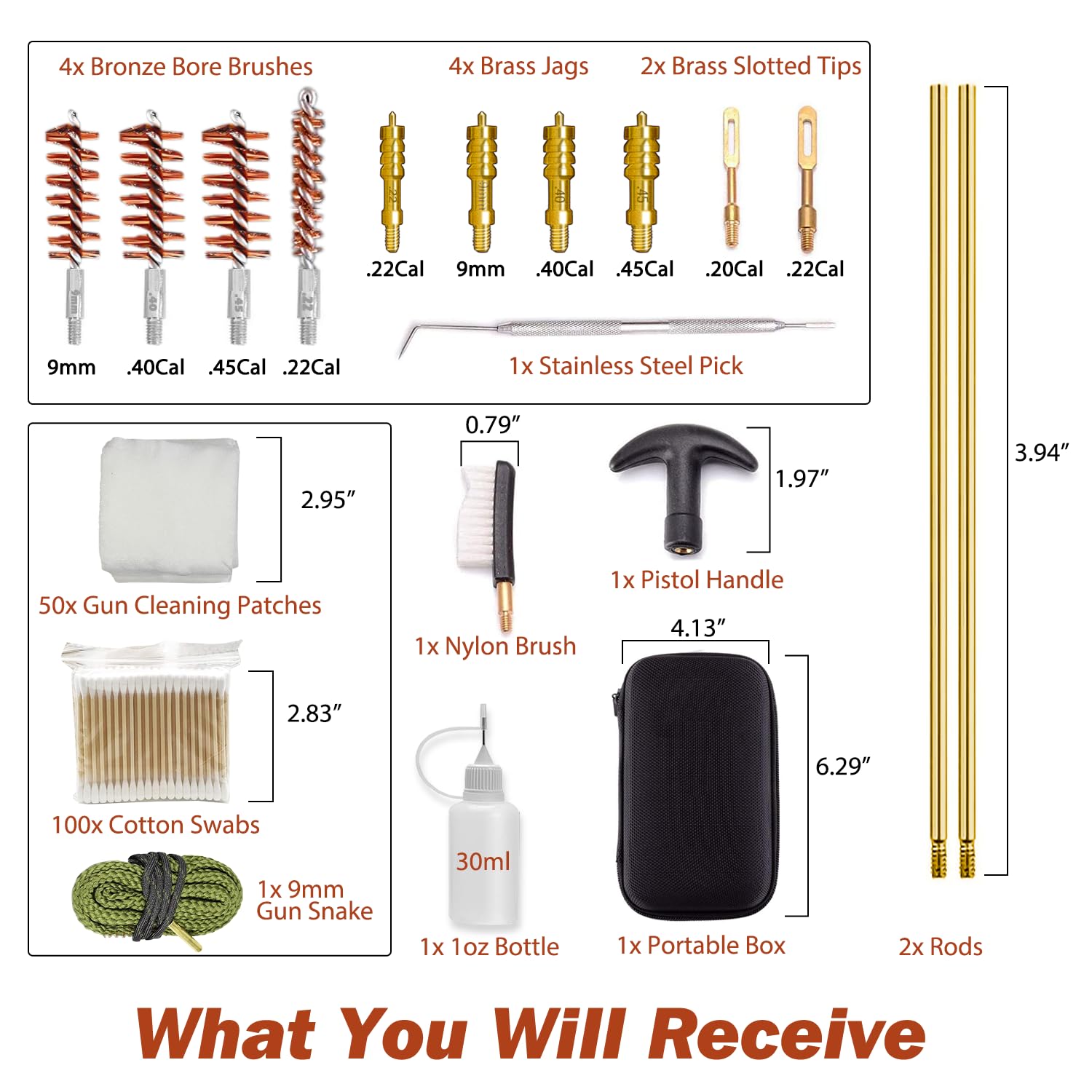 Gun Cleaning Kit 19 in 1 with Special 9mm Handgun Snake .22 .38 9mm .40 .45 Caliber Pistol Bronze Bore Brush and Brass Jag Adapter,100Pcs 3" Cotton Swabs Empty Bottle by DINGDOON