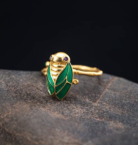 Helen de Lete Colorful Golden Cicada S925 Sterling Silver Adjustable Ring For Men and Women