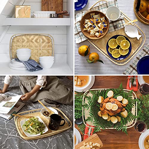 Rectangular Bamboo Wicker Serving Trays with Handles, Handwoven Coffee Trays for Coffee, Breakfast, Bread, Food, Dish and Decorative Trays for Dining Table