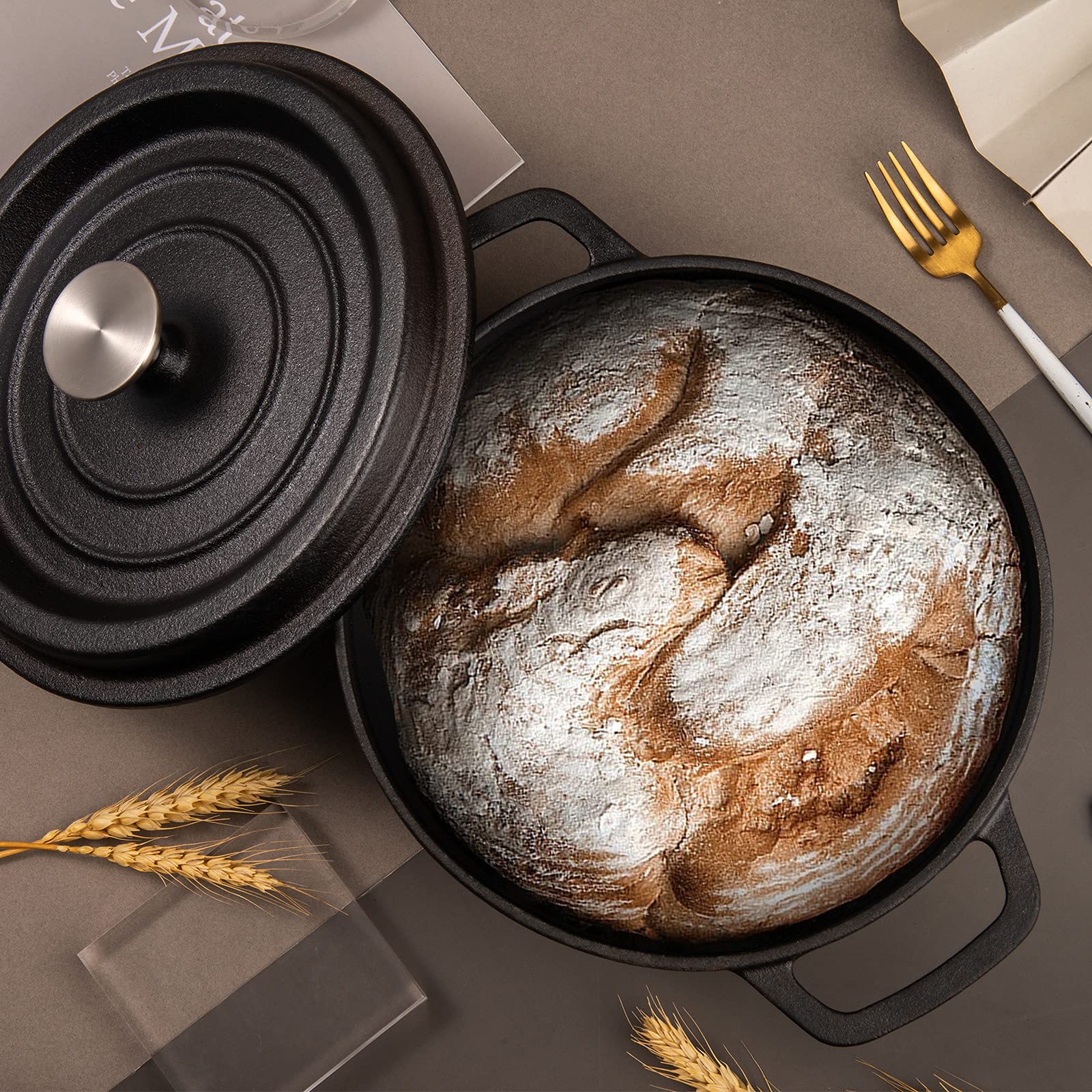 HOOEMD 3.5-Quart Nonstick Cast Iron Dutch Oven Pot with Lid, 8″ wide Small Cocotte for 2-3 People Bread Baking Use on Gas Electric Oven - Black